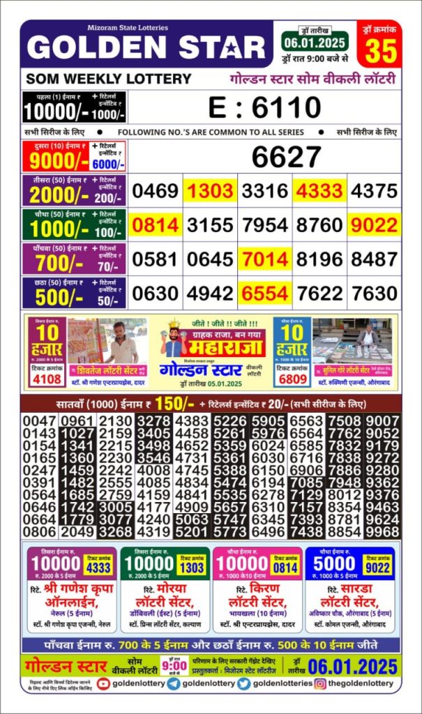 Golden Star weekly Lottery result 6 Jan 2025 – All State Lottery Result ...