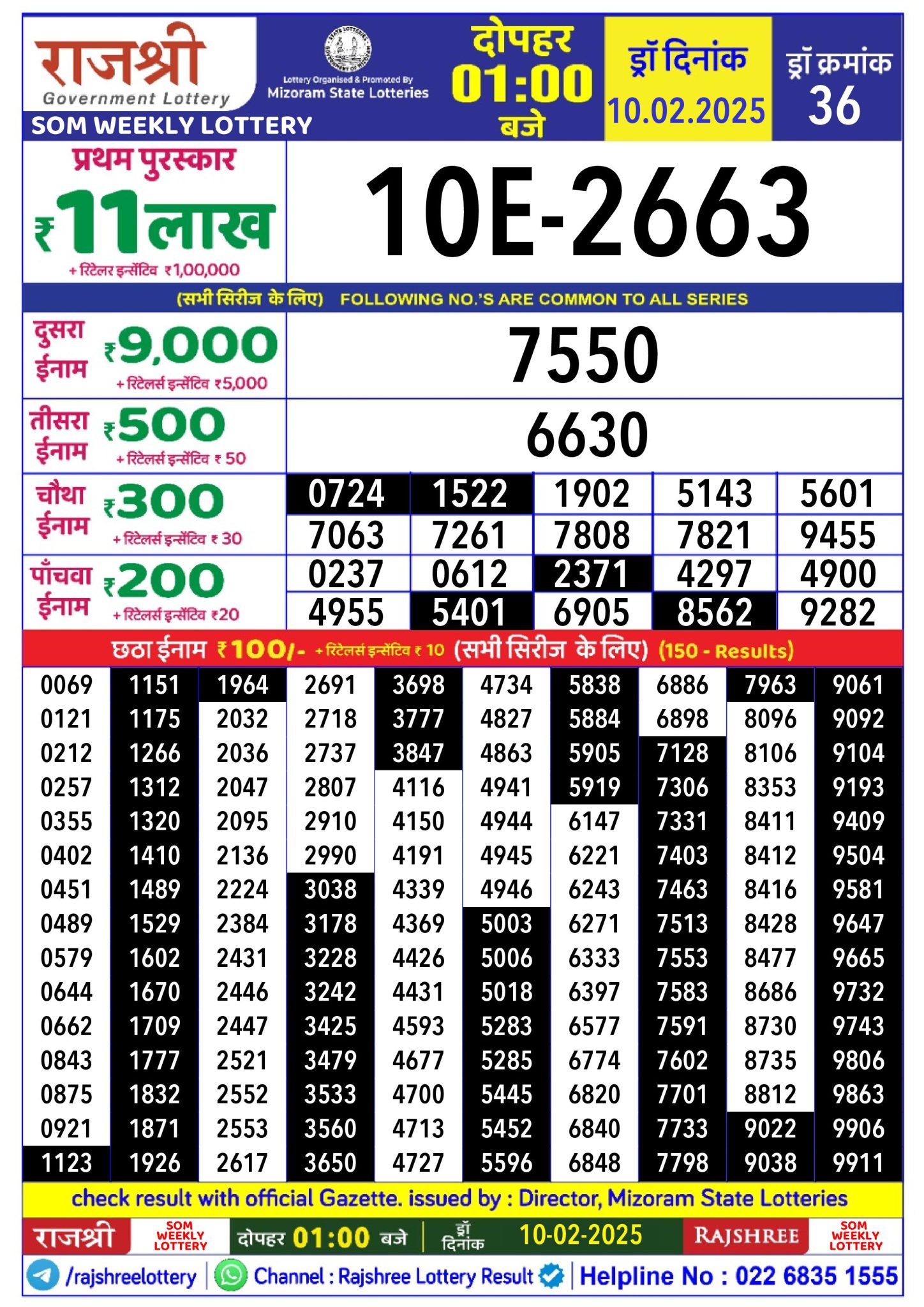 Rajshree Som Weekly Lottery 1PM Result 10 Feb 2025 – All State Lottery ...